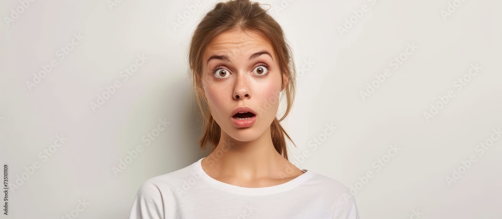 Shocked young woman with surprised expression and open mouth looking at ...