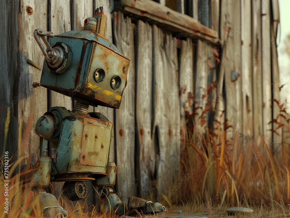 3d Artwork Of A Rustic Robot With Human Features Amidst An Old Barn
