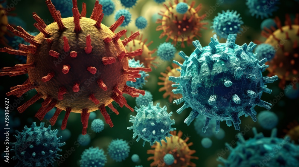 Blue and red cells of viruses, bacteria, and antibodies under a ...