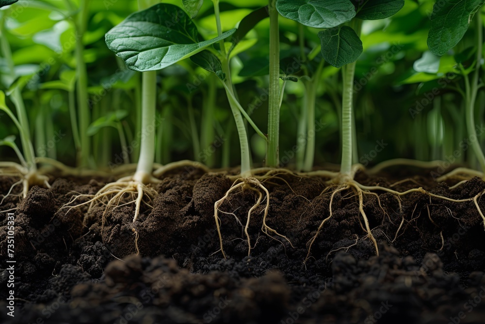 Plants growing in the land, close-up, cross-section, plant, root ...