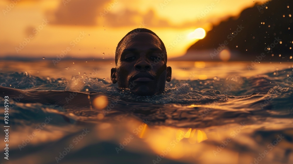 The image captures a close-up of a man's face just above the waterline ...