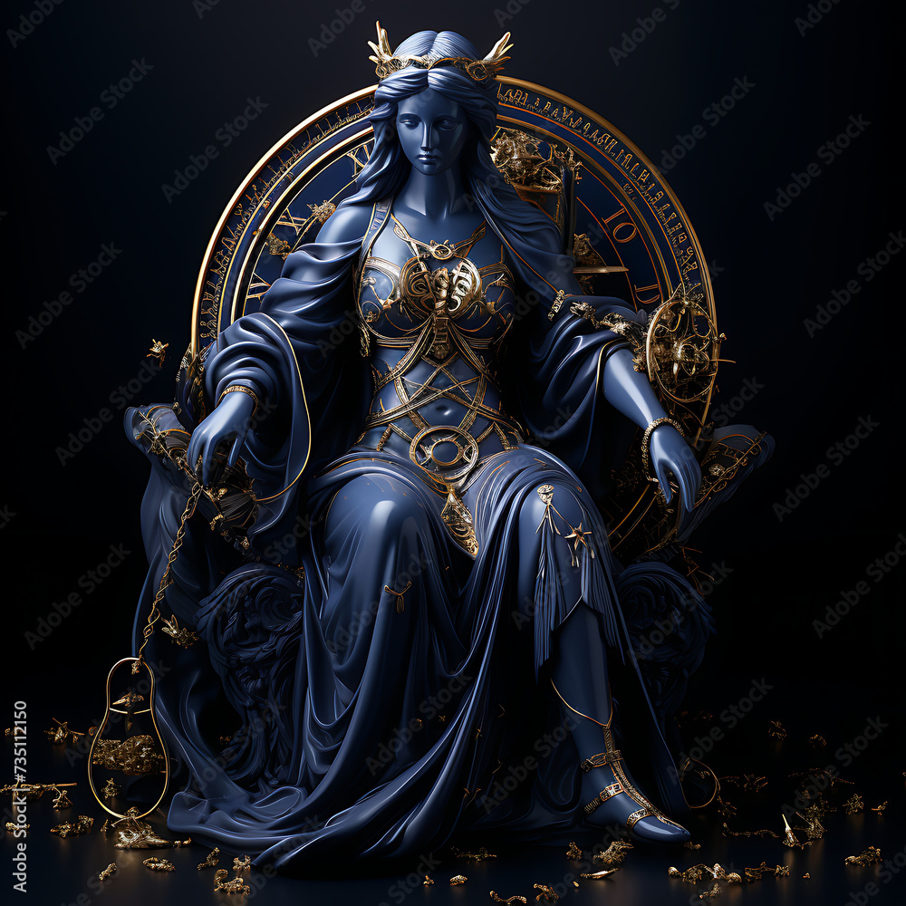 blue and gold marble luxury statue of queen on throne, dark background ...