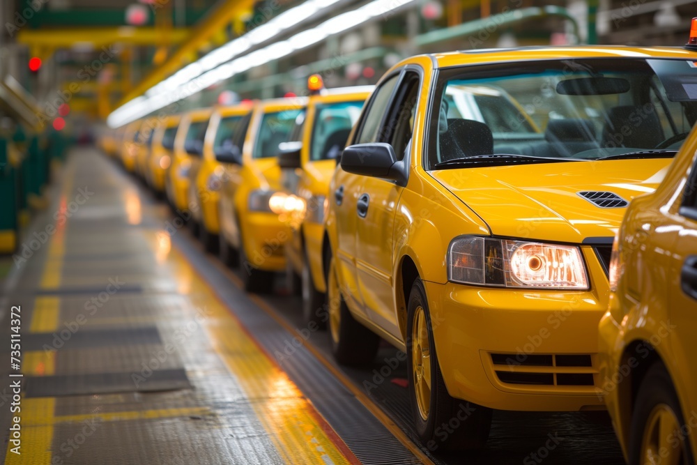 Line of yellow taxis on factory assembly line, indicating mass ...