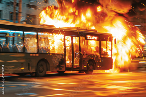 City Bus Engulfed in Flames During Nighttime Street Fire Emergency ...