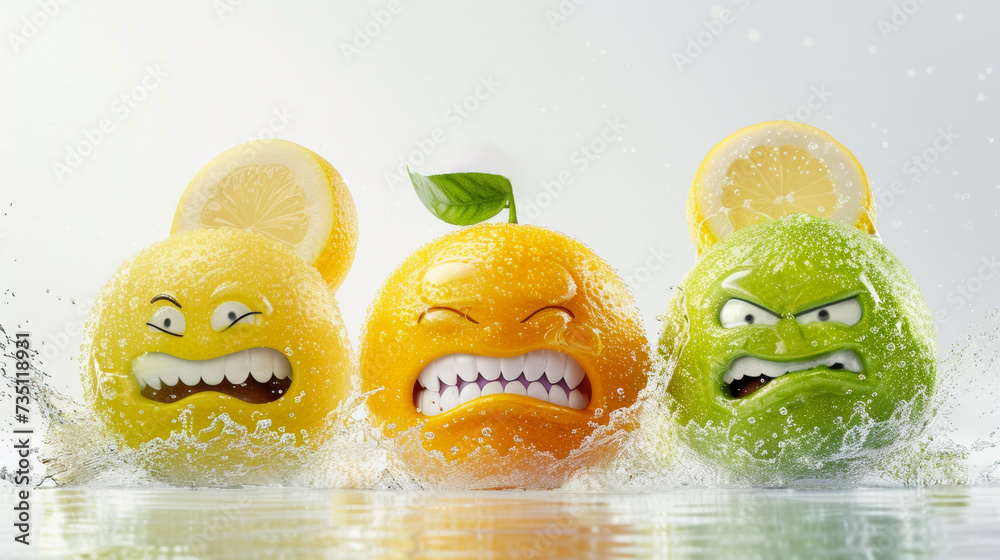 Animated Citrus Characters Making a Splash in Water Stock Illustration ...