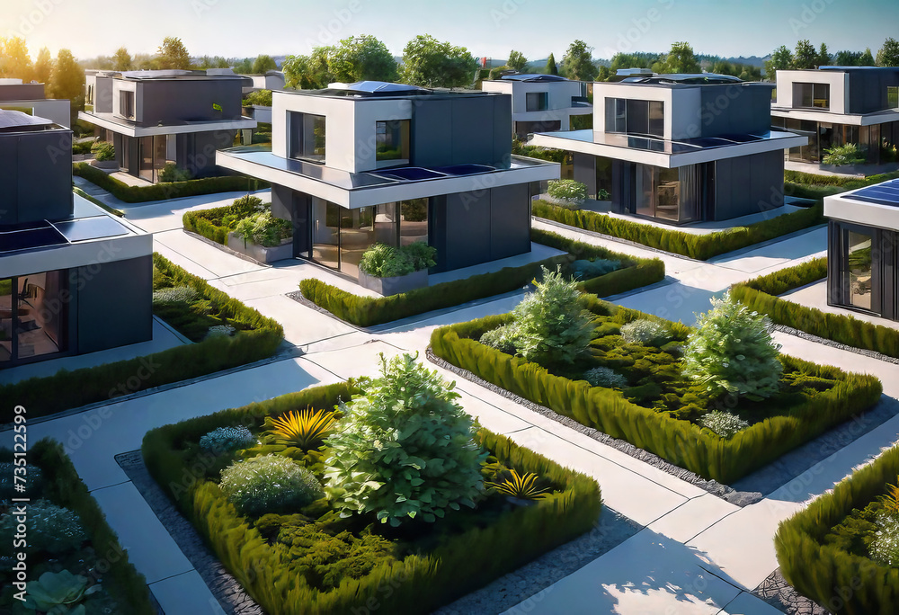 futuristic village with streets, paths and newly built private houses ...