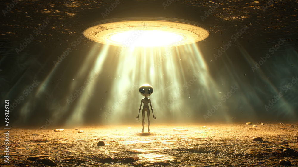 Cartoon Alien stand under the spotlight of a flying saucer, yellow ...