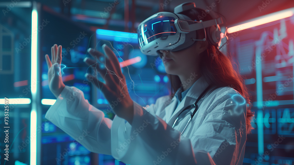 Female medical professional engaged with virtual reality equipment ...