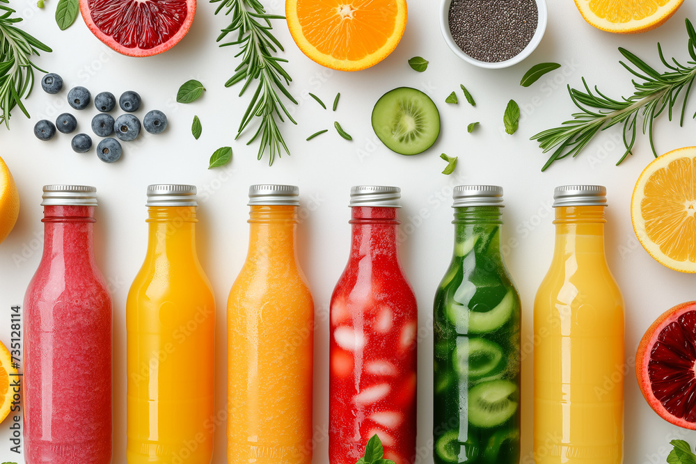 Detox menu. Different types of healthy juices and different fruits ...