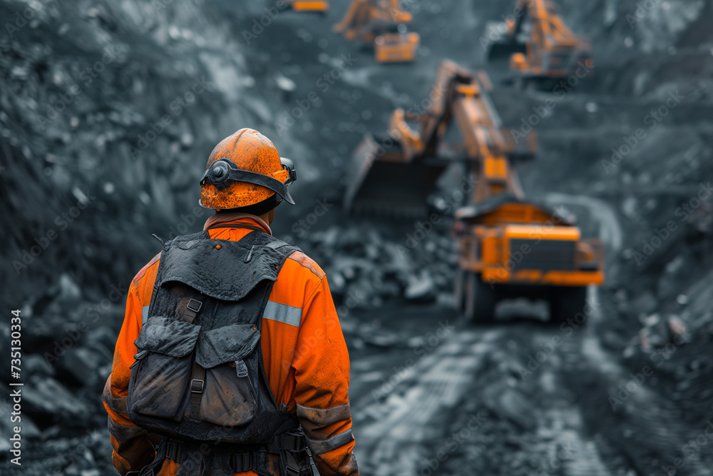 A miner gazes over a vast open-pit mine, machinery in the distance ...
