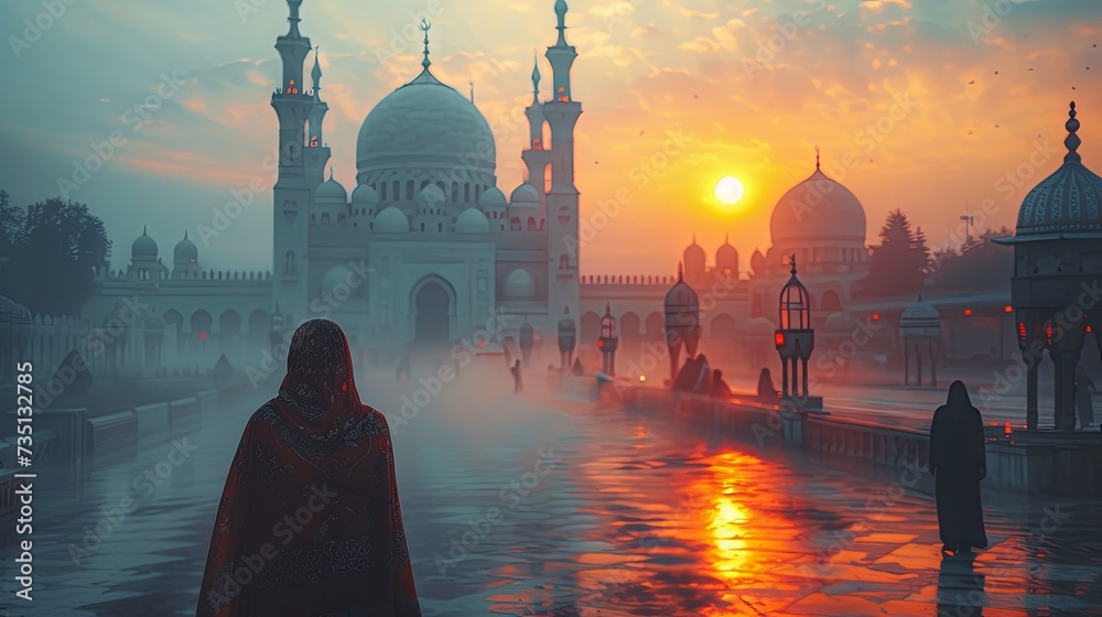 Silhouette of Muslim women walking in front of the Taj Mahal at sunset ...