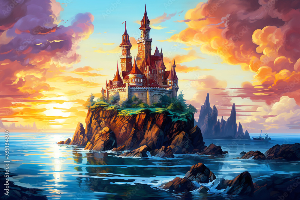 A painting of a castle by the ocean, Beautiful picture of castle ...