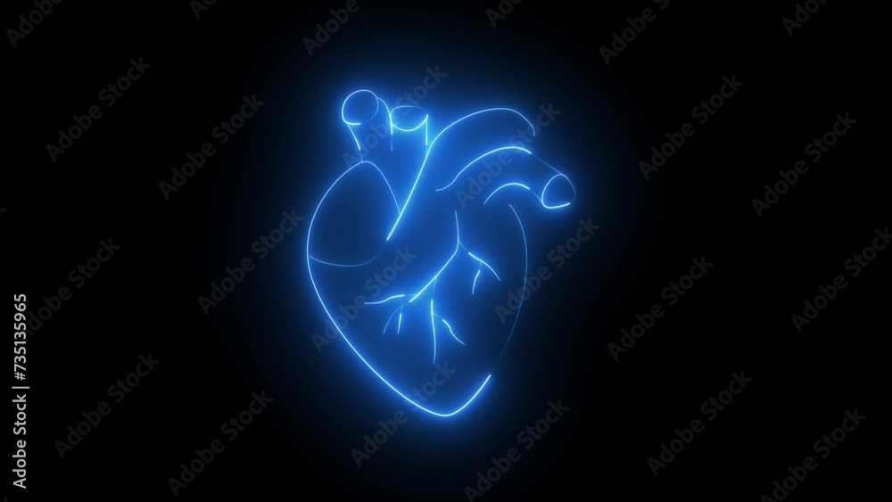 Neon human heart animation. Animation of a beating glowing human heart ...