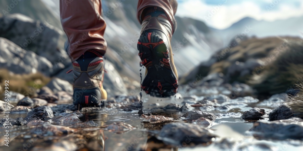 Person's feet walking in a stream of water. Can be used to depict ...