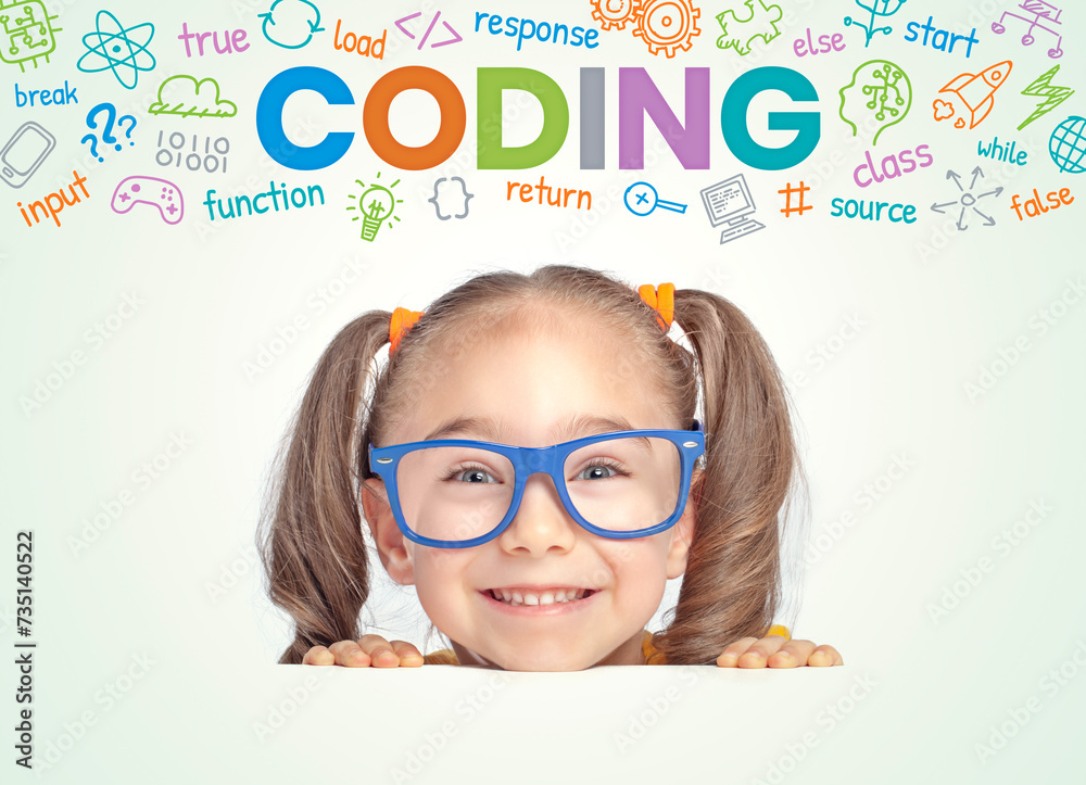 Beautiful cute little girl with eyeglasses looking at camera while ...