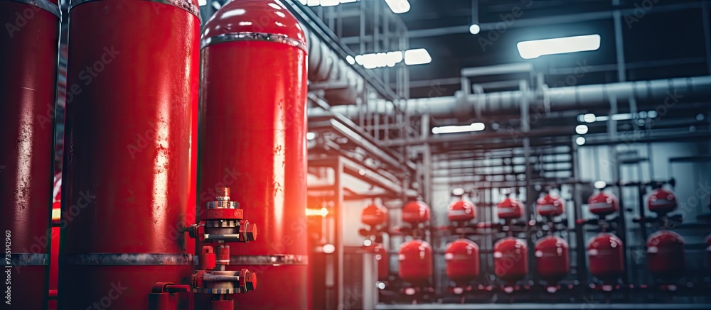 Red tank of fire extinguisher Overview of a powerful industrial fire ...