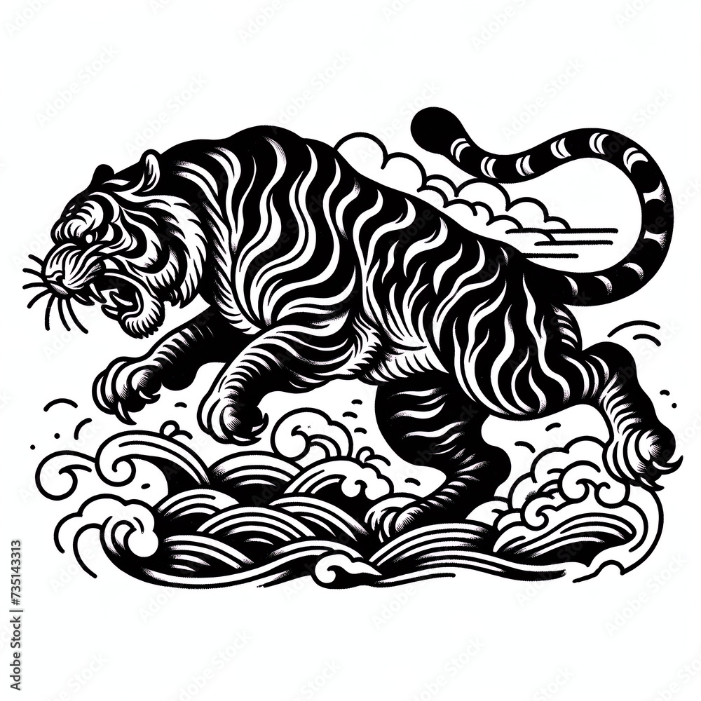 traditional line art minimalist tattoo design of a tiger attack. The ...