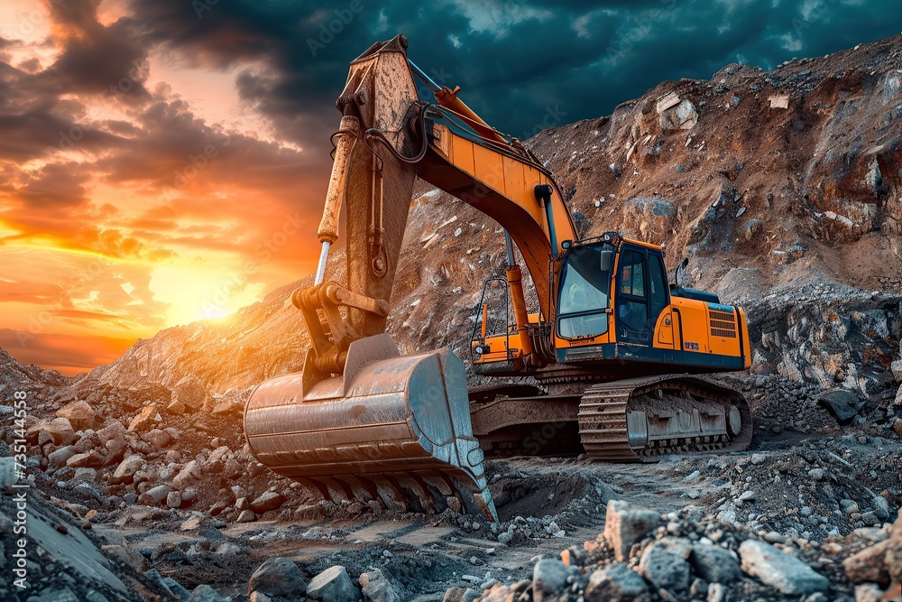 Excavator in open pit mining Excavator on earthmoving on sunset Loader ...