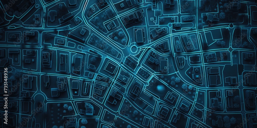 A detailed map of a city illuminated by blue lights. Perfect for urban ...