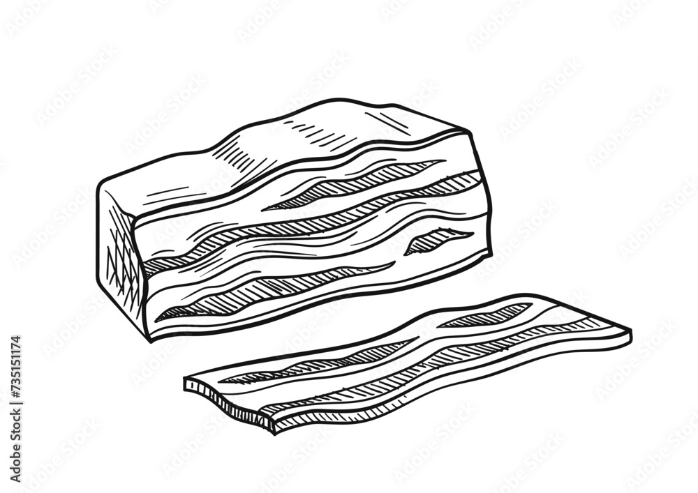 Meat product linear. Hand drawn sketch of bacon slice. Natural and ...