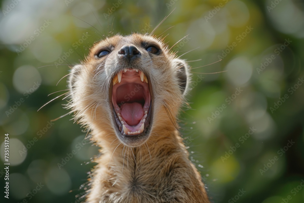A close up view of a meerkat with its mouth open. This image can be ...