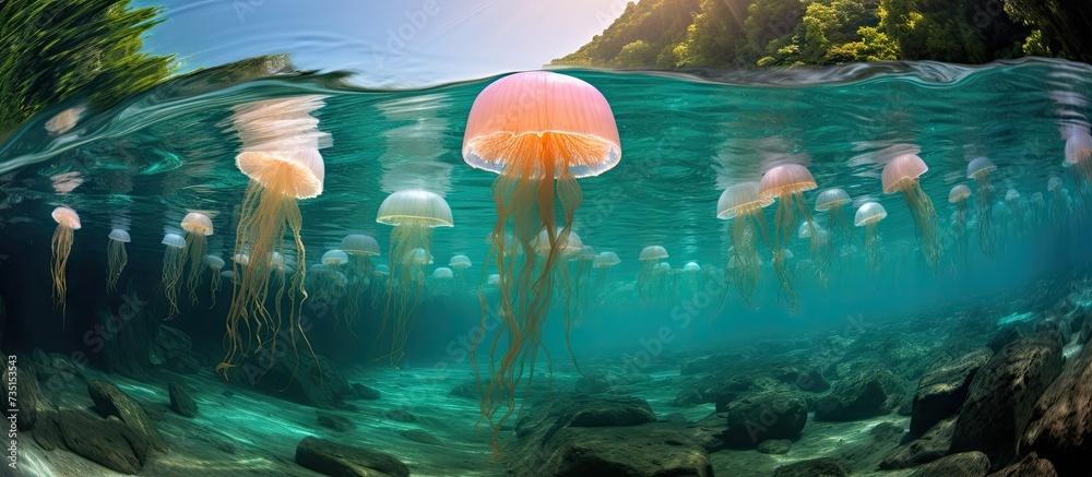 Millions of endemic jellyfish Mastigias papua etpisonii fill a marine ...