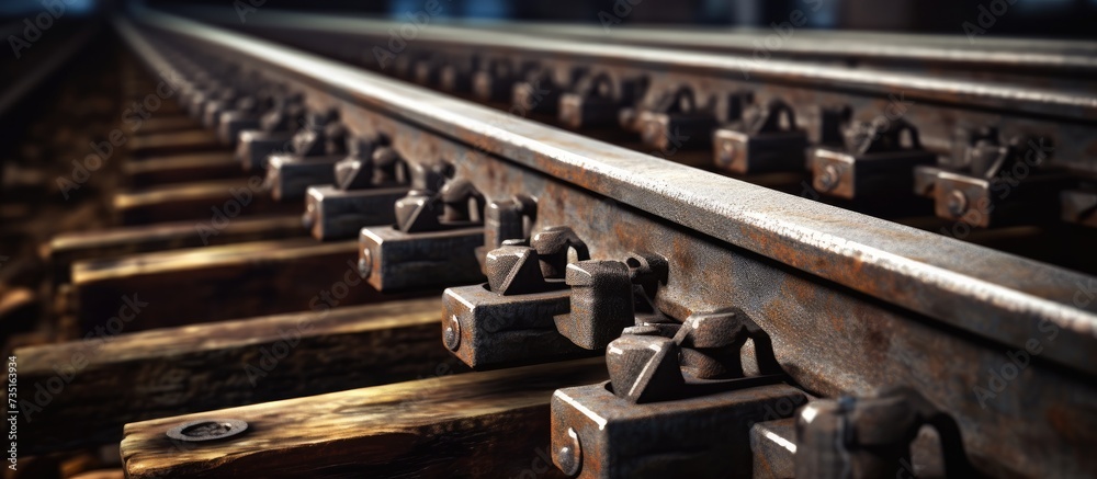 Rusty intermediate rail fasteners on concrete sleepers for train and ...