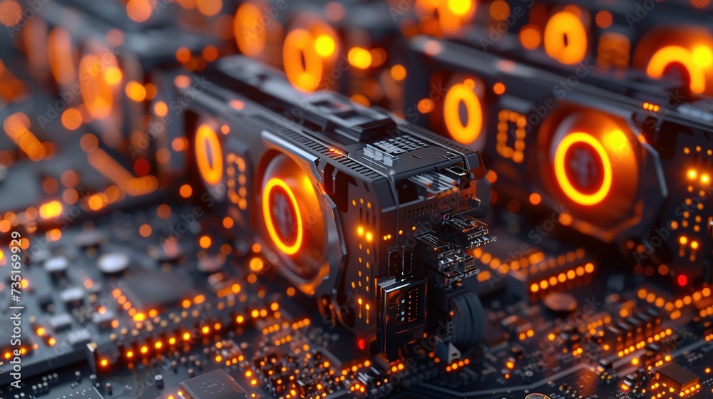 Detailed image of high-end graphics processing units with red LED ...