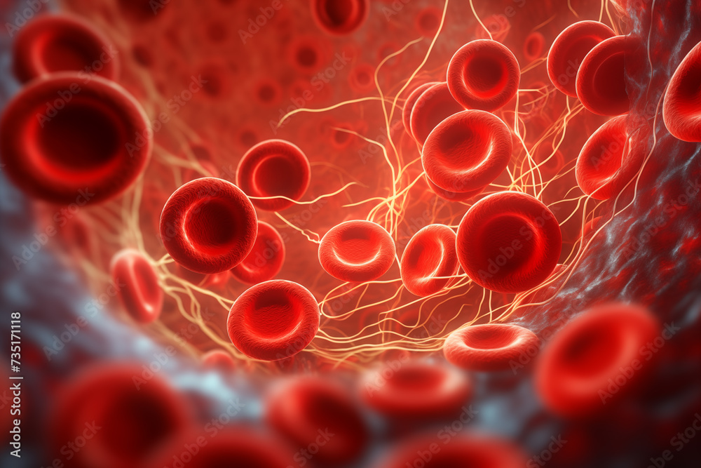 ?lose-up view of red blood cells erythrocytes, as they travel through ...