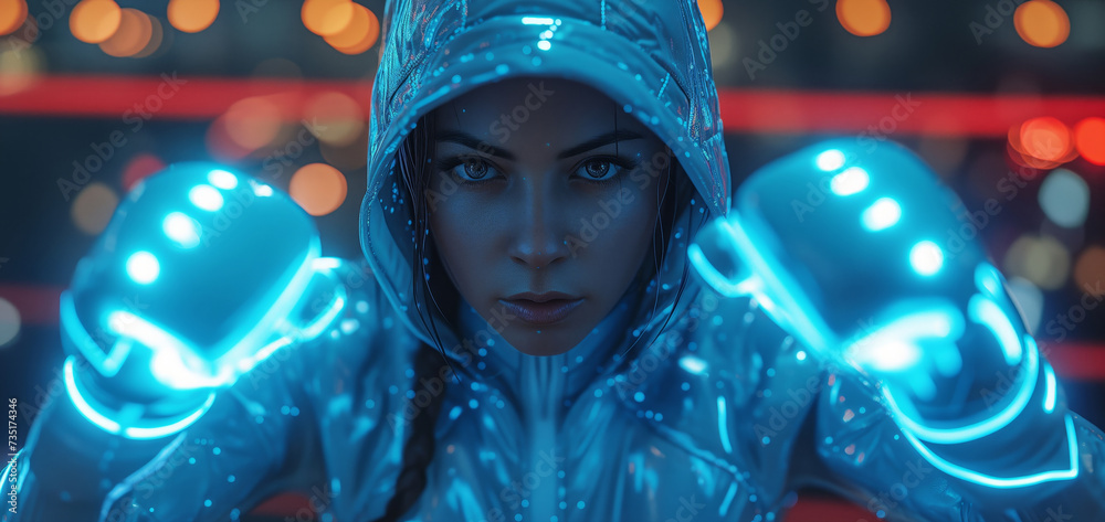 Cyberpunk photo of woman boxing.Young woman athletic female MMA fighter ...