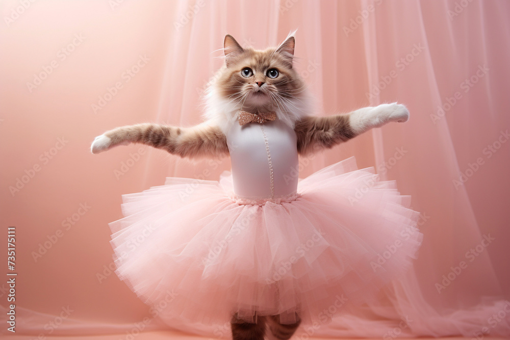 Cat ballerina dancer in a tutu on pink background. Cat dancing in ...