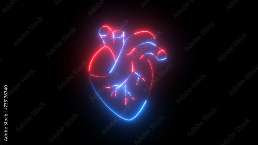 Human heart, cardiac muscle line and blue color icons set. Neon ...