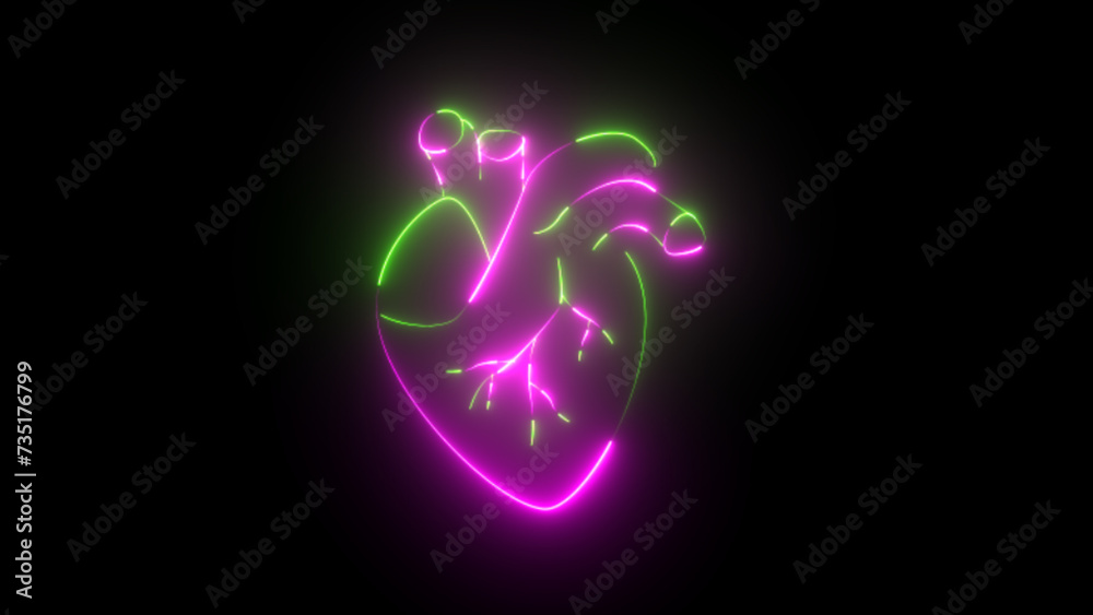 Human heart, cardiac muscle line and blue color icons set. Neon ...