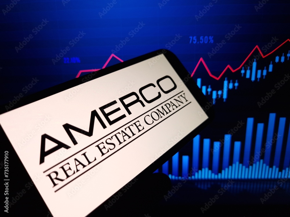 Konskie, Poland - February 12, 2024: Amerco Real Estate company logo ...
