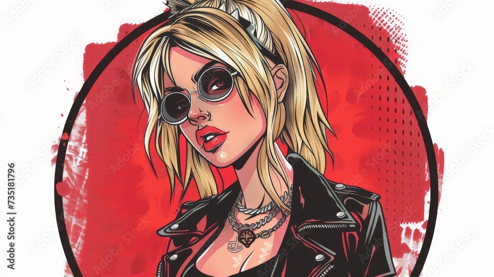 a circle frame portrait of a blonde girl punk rock, game character, 2d ...