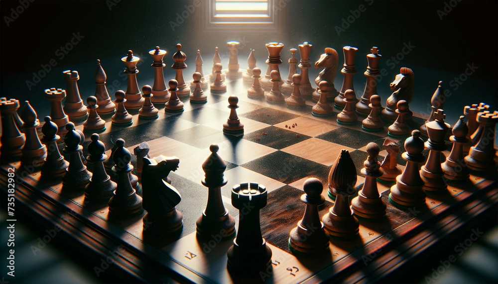 A photorealistic, detailed image of a chessboard in a horizontal format ...