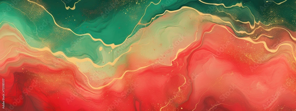 Abstract Red and green watercolor paint background and golden lines ...