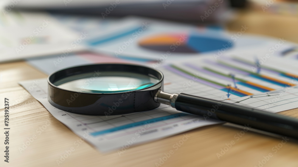 magnifying glass over various types of colorful business charts and ...