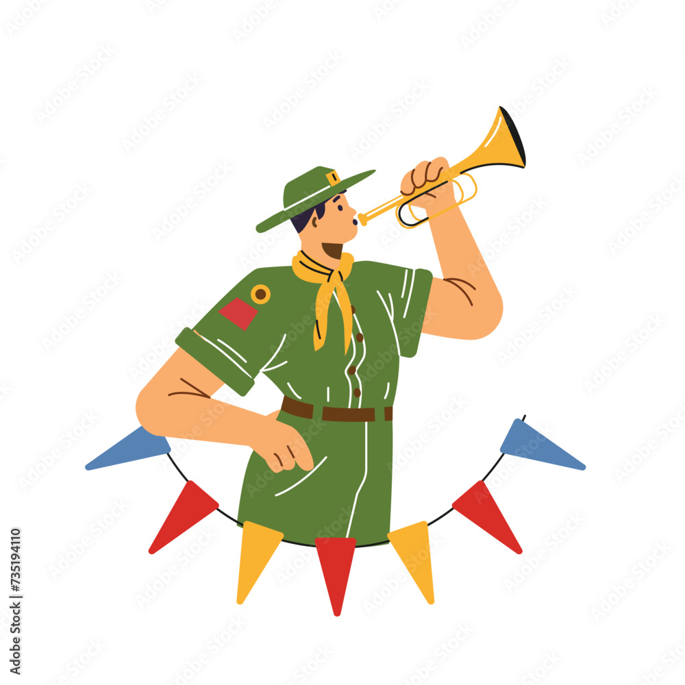 Scout bugler blows muster, flat cartoon vector illustration isolated on ...