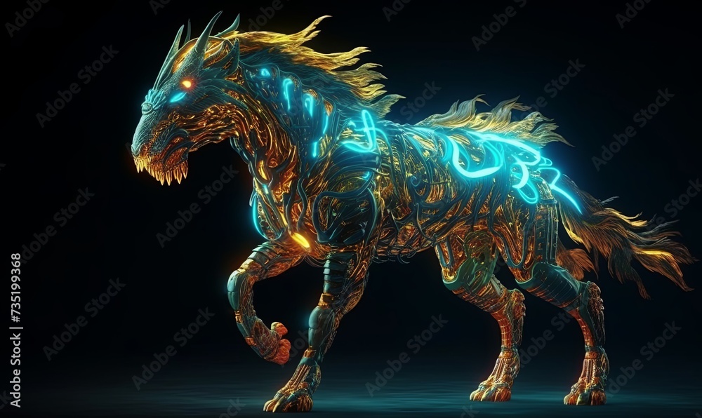 Digital neon qilin background. Mythical cyber chinese techno 3d kirin ...