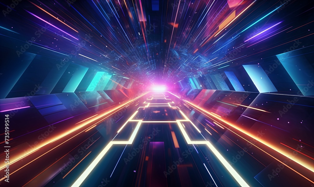 Digital neon high speed cyber tunnel background. Cyber blank glowing 3d ...