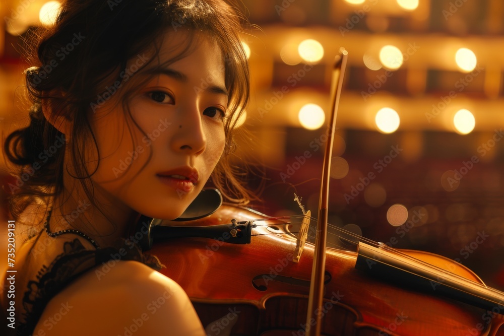 A talented woman gracefully holds her beloved violin, her human face ...