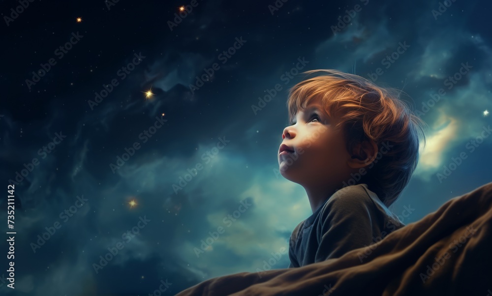 little boy stares up at the sky Stock Illustration | Adobe Stock