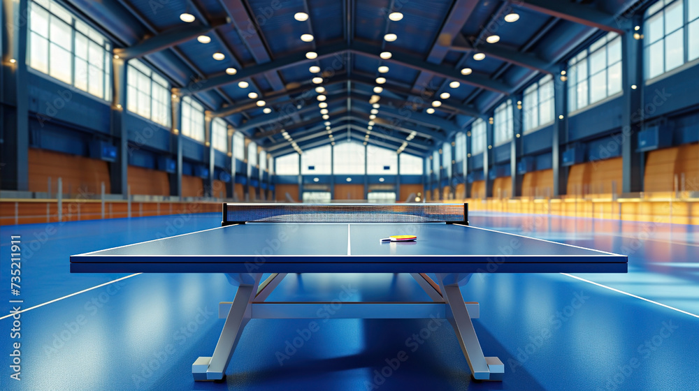 Professional table tennis arena with illuminated tables, blue floor no ...
