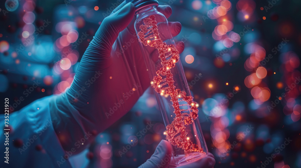 Researcher Examining a Glowing DNA Model in a Modern Laboratory ...