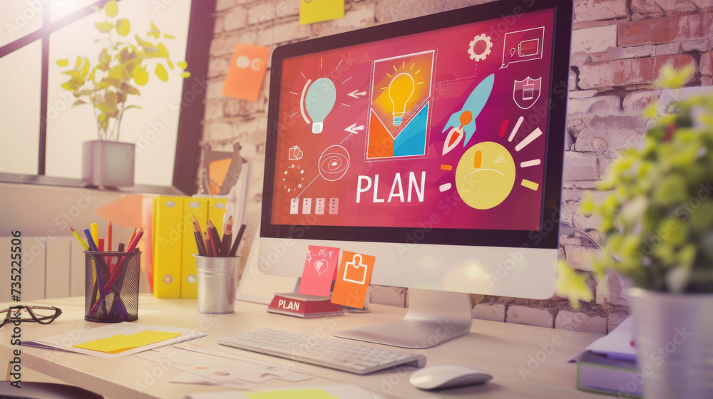 A vibrant and creative workstation with a computer monitor displaying a ...