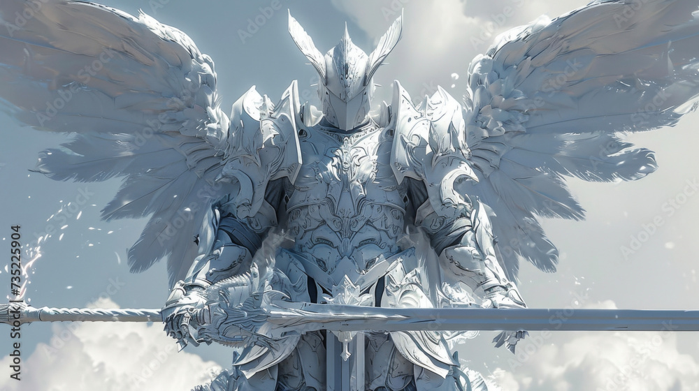 A powerful armored angel with six wings and a flaming sword reflecting ...