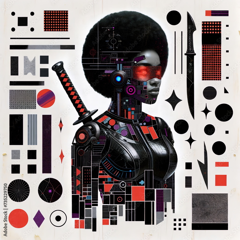 Afrofuturist illustration featuring a cyber female figure with a dagger ...