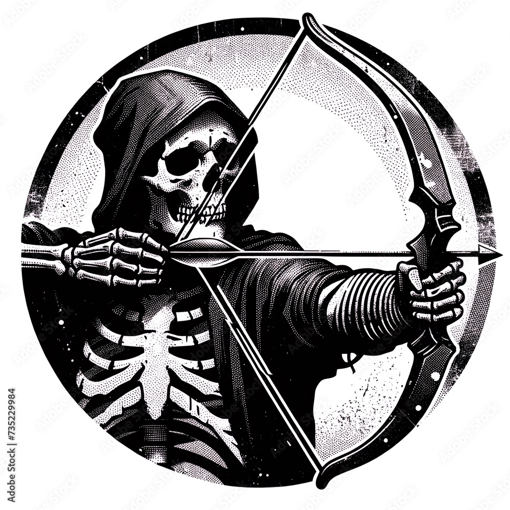archer, in a xerography collage art style. The image is black and white ...