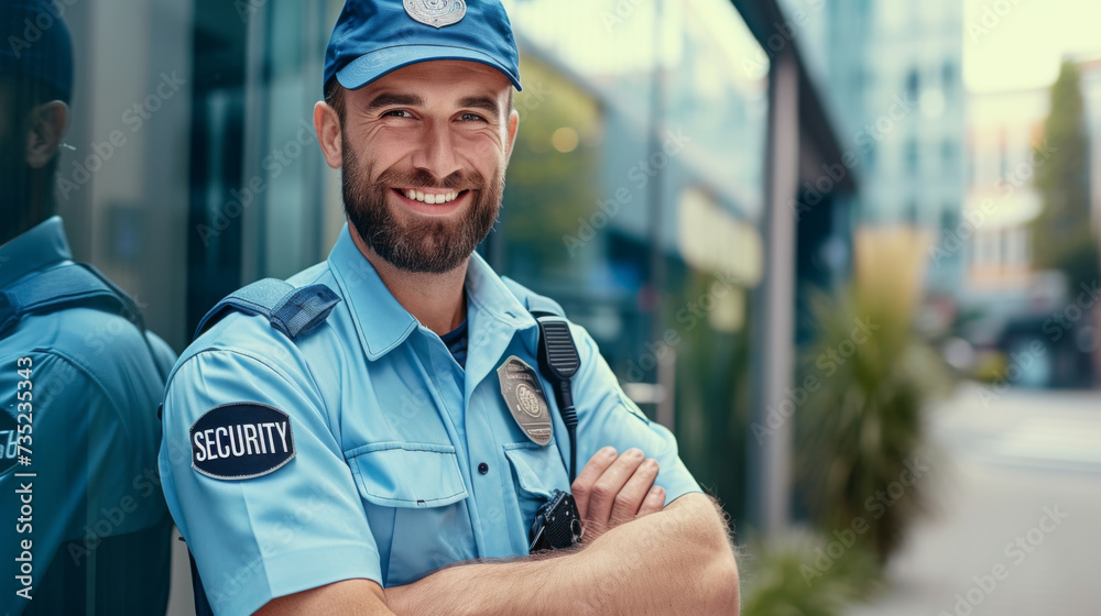 smiling security guard with a beard, standing confidently with his arms ...